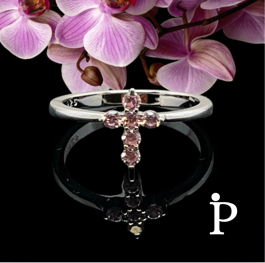 Sterling Silver Cross Pink CZ Ring-AE-82– JoyeriaParis